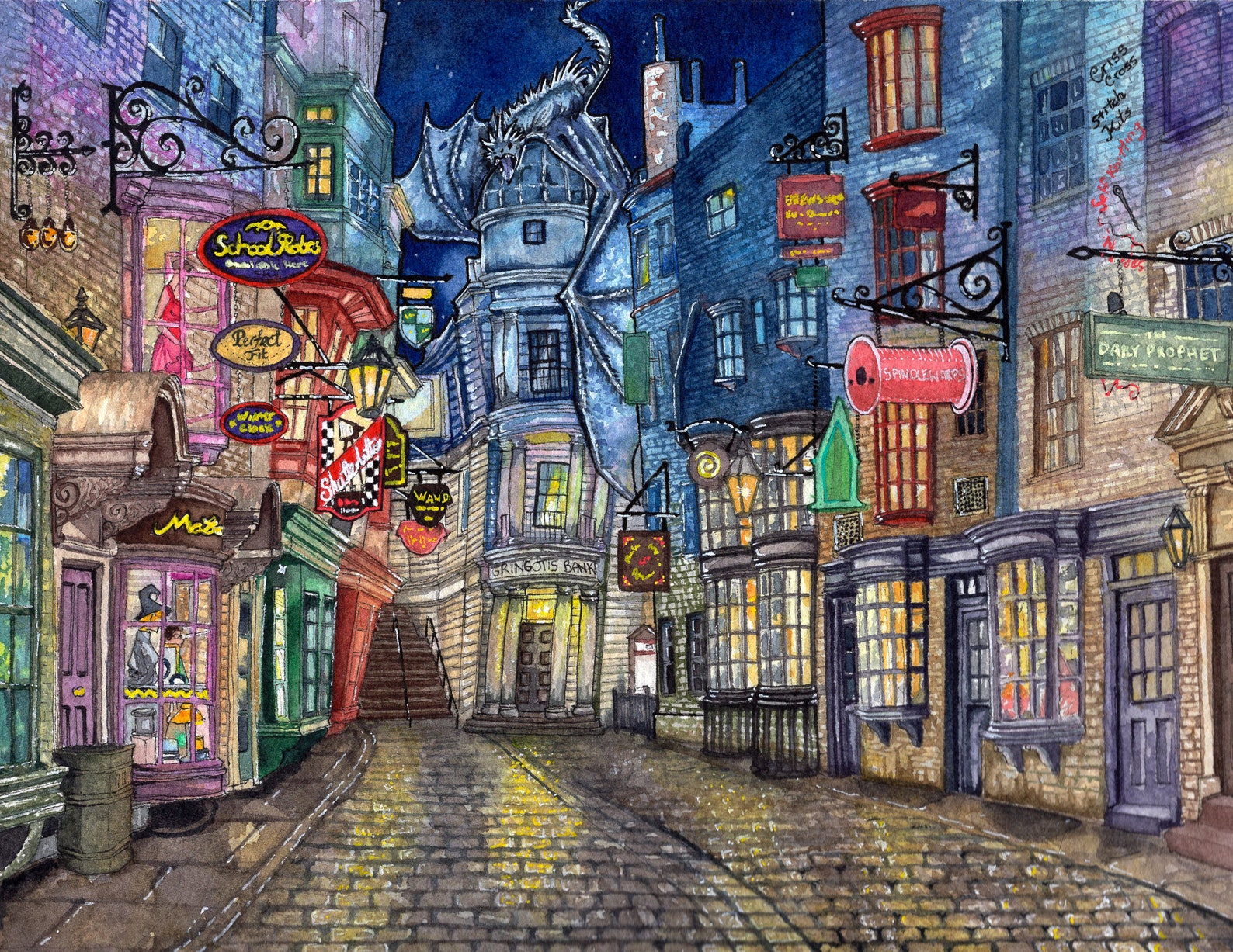 Harry Potter Diagon Alley Wizarding World Original Art | Etsy