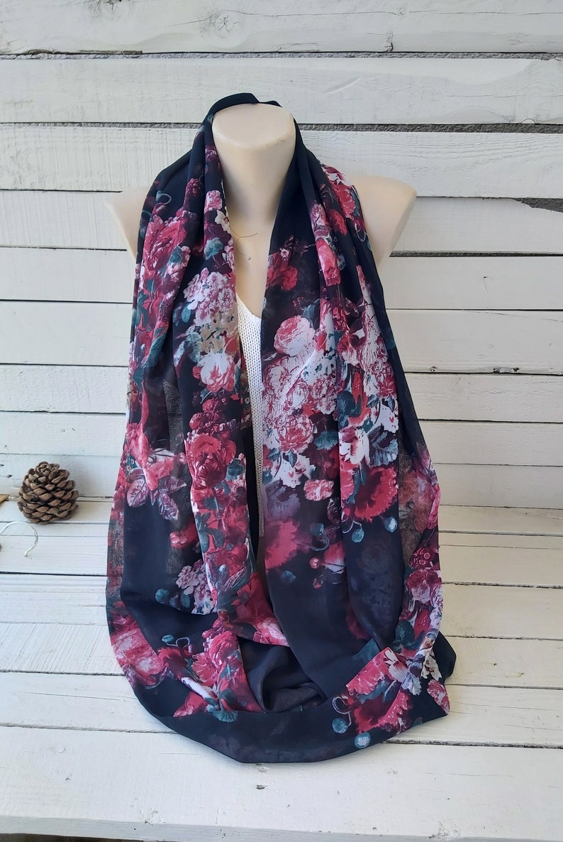 Black and Red Flowery Infinity Scarf Shawl Circle Scarf Loop - Etsy