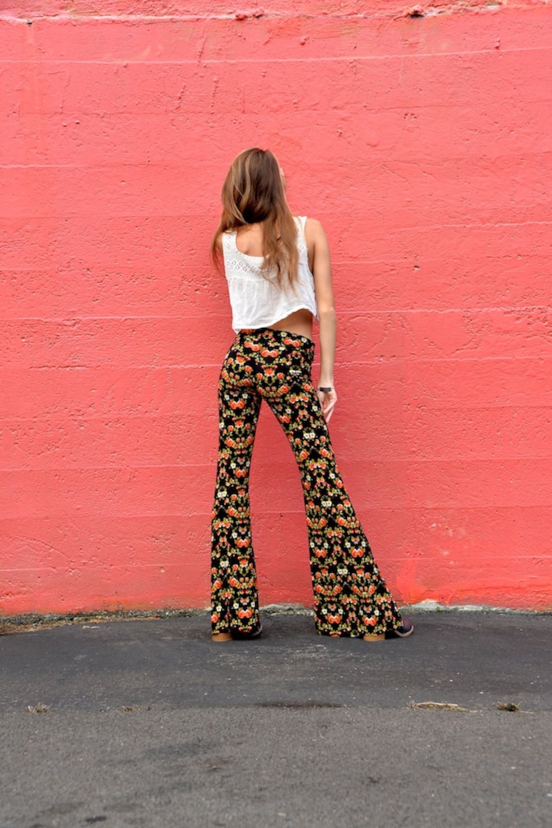 BLACK AND WHITE Floral Bell Bottom Boho 70's Hippie Dance Beach Resort ...