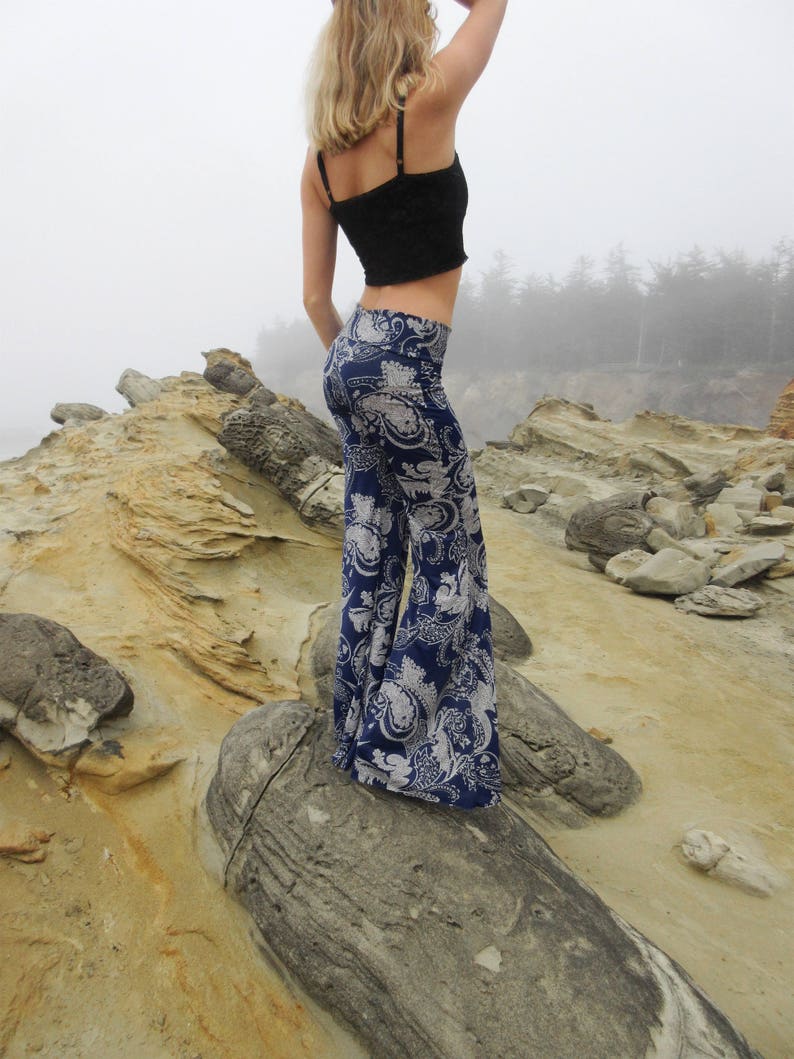 CORAL TUQUOISE PAISLEY Flare Leg Bell Bottom Fashion Gypsy Hippie Retro ...