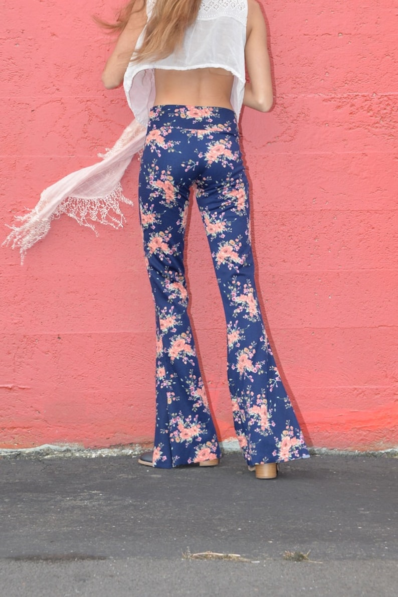 ROSE FLORAL Bell Bottom Boho 70's Hippie Chic Dance Beach Resort Yoga ...