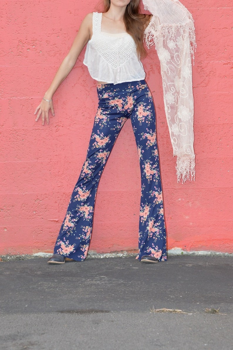 ROSE FLORAL Bell Bottom Boho 70's Hippie Chic Dance Beach Resort Yoga ...