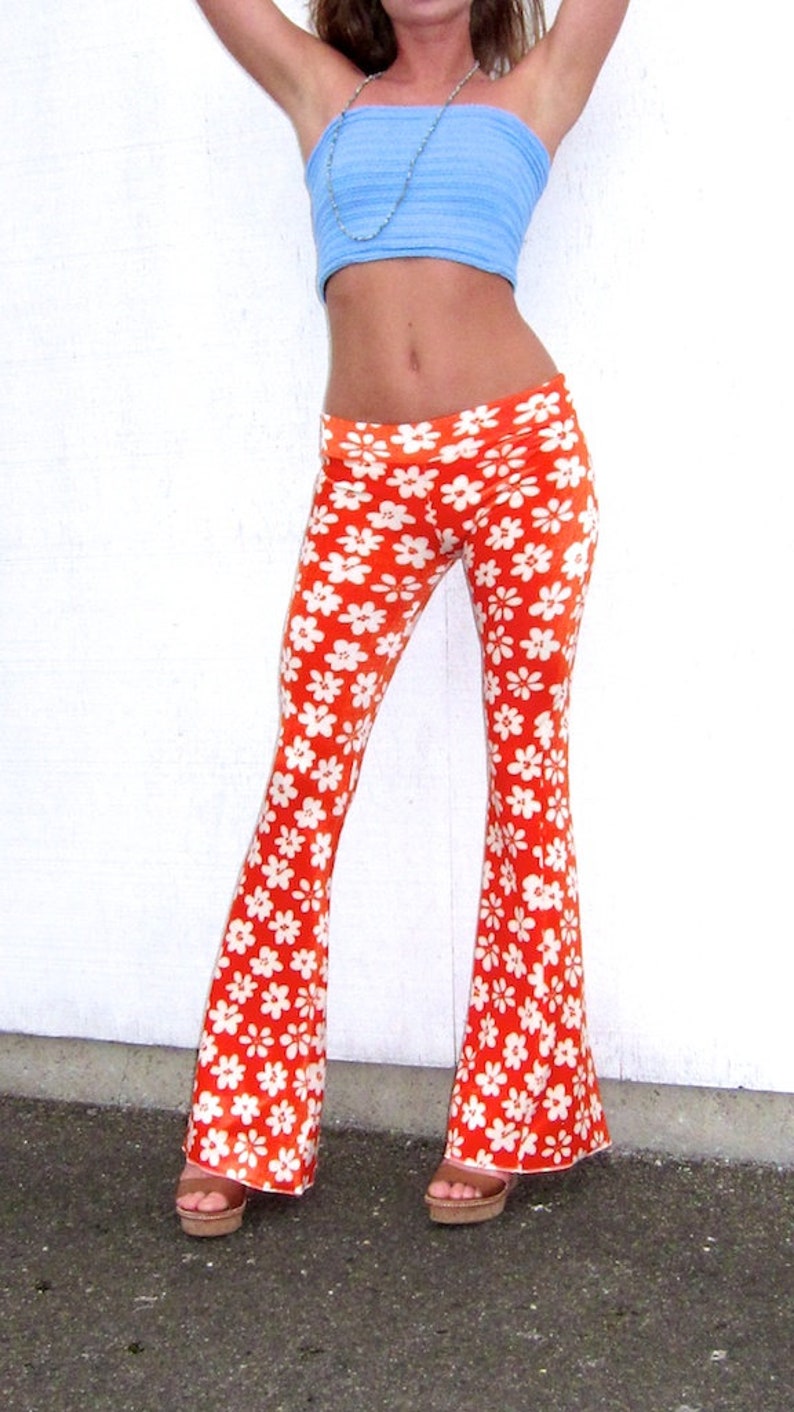 FLOWER POWER RETRO Daisy Orange 70's Velour Hippie Chic Boho Dance Yoga ...