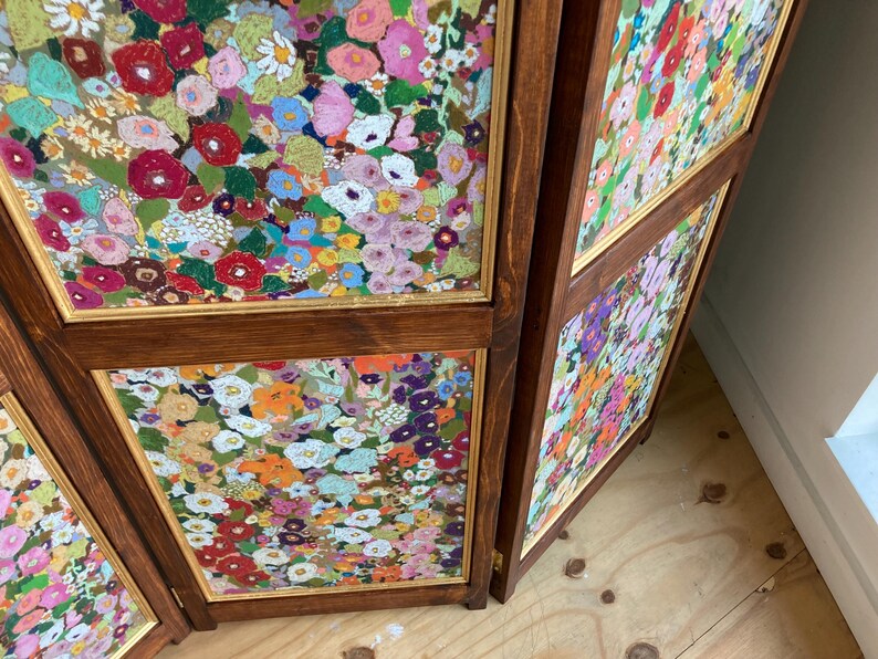 Handmade Floral Folding Screen Room Divider – Hollyhocks Spring ...