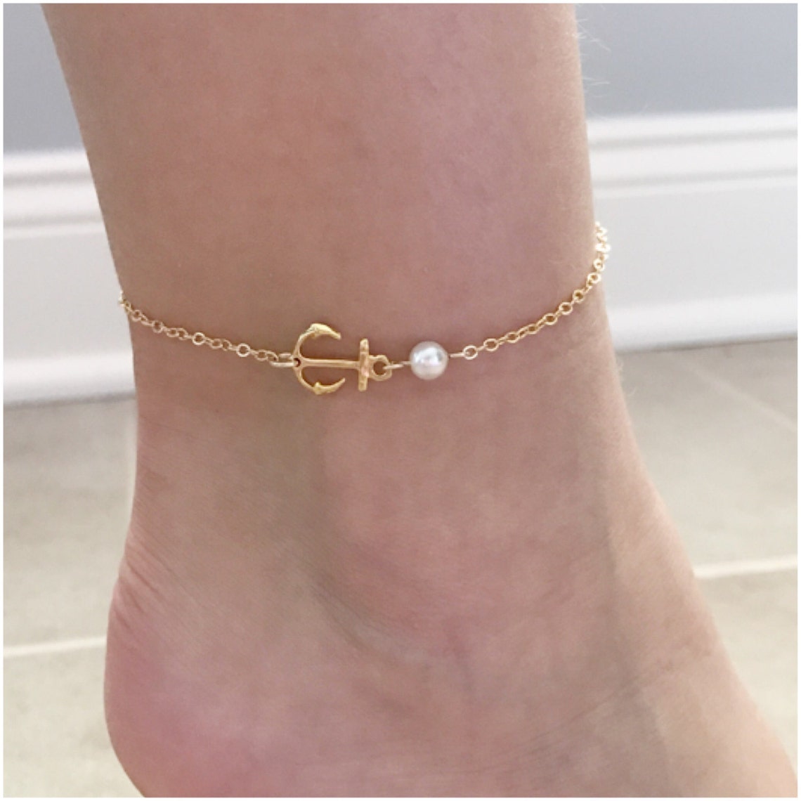 Gold Anchor Anklet Gold Pearl Anklet Your Pearl Color | Etsy