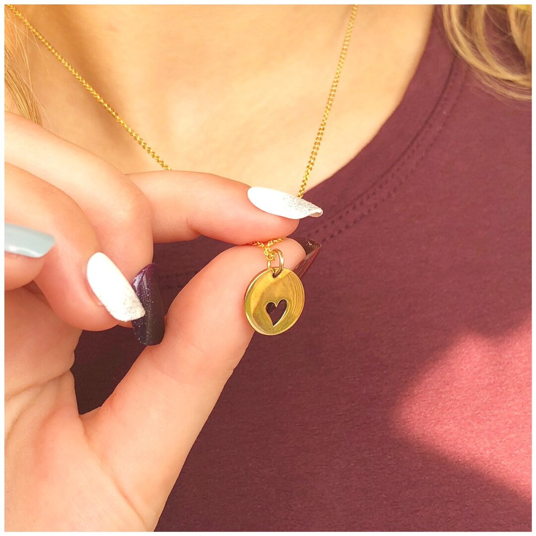 Gold Disc Heart Necklace - Personalized Mother Necklace - Simple ...