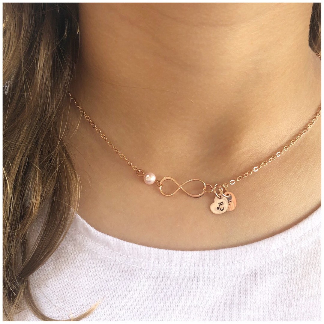 Rose Gold Infinity Necklace - Pearl Infinity Sign - Stamped Heart Charm ...