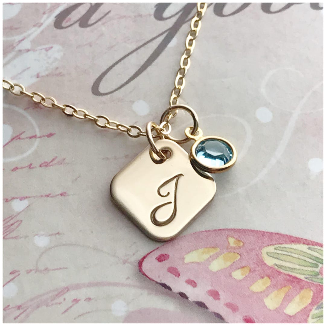 Crystal Initial Necklace - Gold Tile Necklace - Stamped Initial and ...