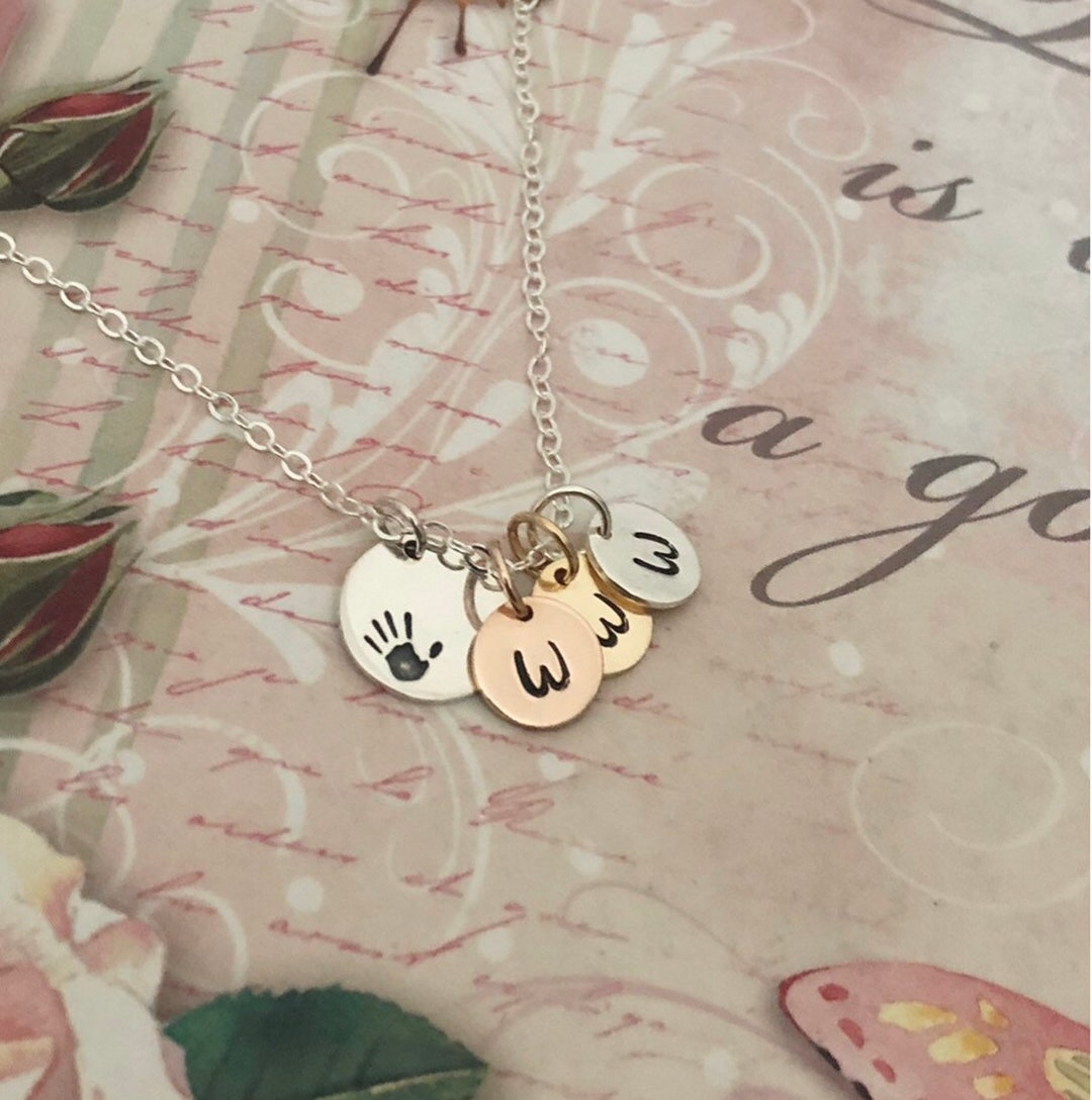 Child Initial Disc Necklace - Children Hand Print Disc Necklace ...