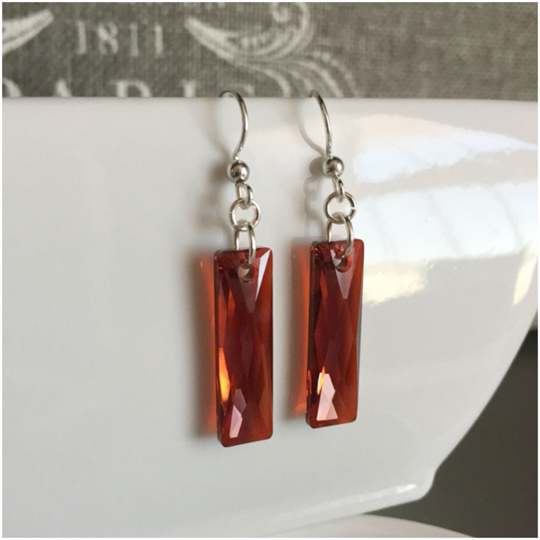 Red Crystal Drop Earrings - Swarovski Dangle Earrings - Glass Rectangle ...