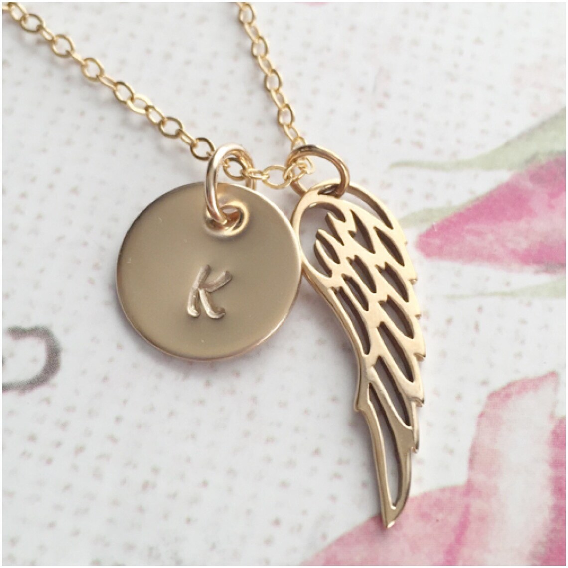 Gold Angel Disc Necklace - Personalized Initial Disc Angel Wing ...