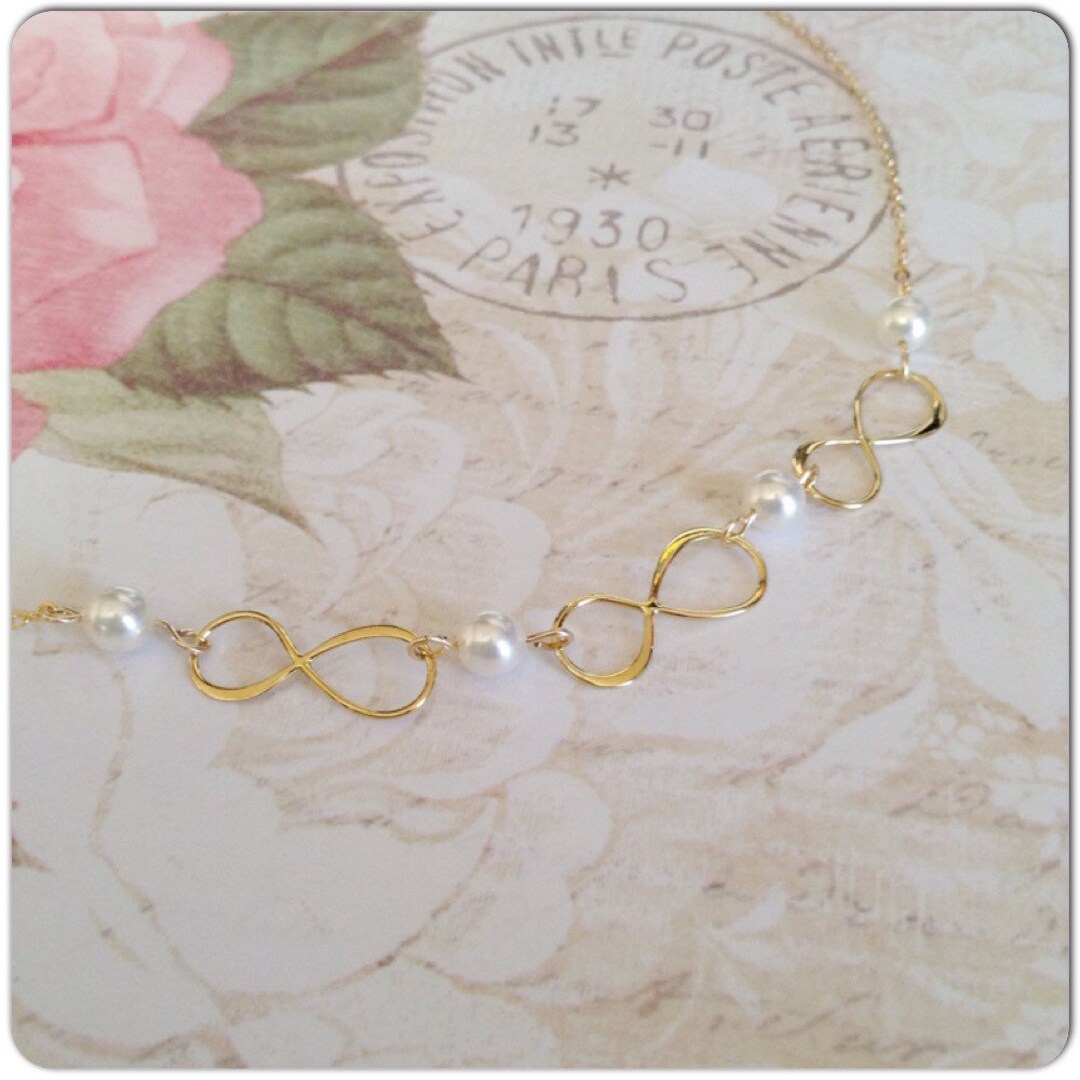 Three Infinity Charm and Pearl Necklace - Gold Necklace - Infinity Sign ...