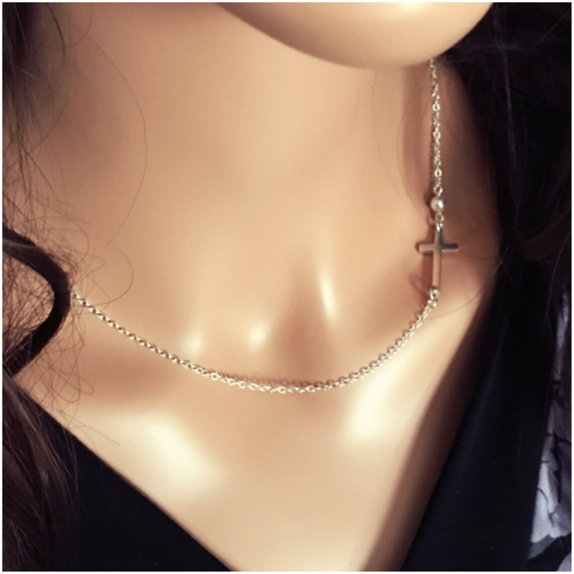 Sterling Silver Side Cross Necklace With Pearl Sideways | Etsy