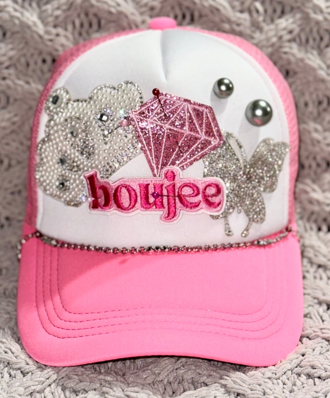 TRUCKER HAT Iron on Patches Boujee Hat Chain Pink Hot Pink Boujee Glitter Diamond Pearl Crown ...