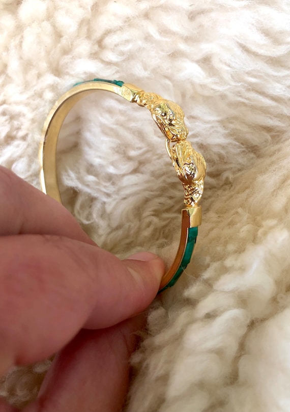 Gold Serpent Bracelet, Snake Head Bangle, Vintage - Gem
