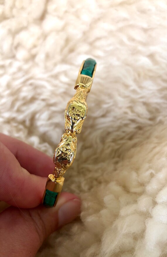 Gold Serpent Bracelet, Snake Head Bangle, Vintage - Gem