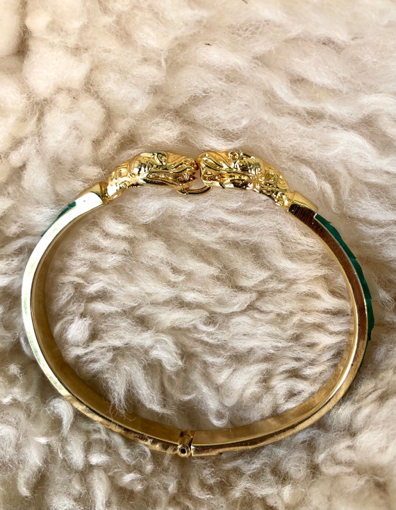 Gold Serpent Bracelet, Snake Head Bangle, Vintage - Gem