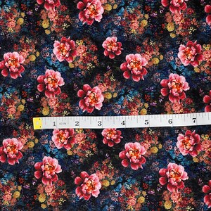 Navy Blue Pink Rose Flower Floral Brushed Polyester Poly DBP 4 Way Knit ...