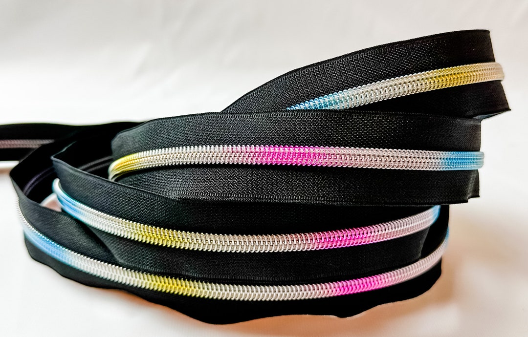Black With Pastel Rainbow Coil #5 Zipper Tape by the Yard Nylon Coil ...