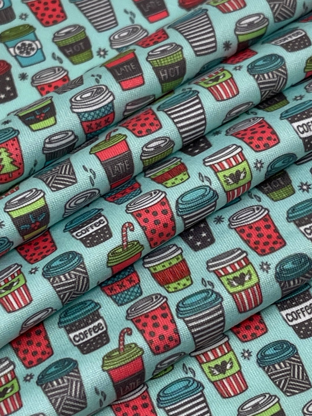 Coffee Lovers Dream Java Cup Brushed Polyester Poly DBP 4 Way Knit Fabric by the Yard Jersey ...