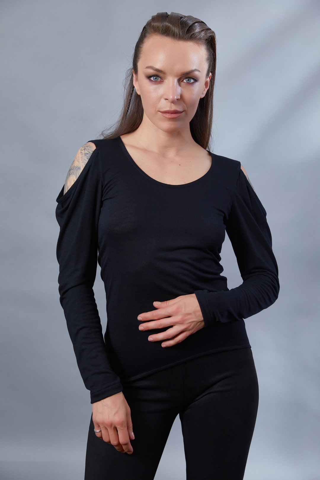 Black Open Shoulder Shirt With Crew Neck, Long Sleeves - SL - Etsy
