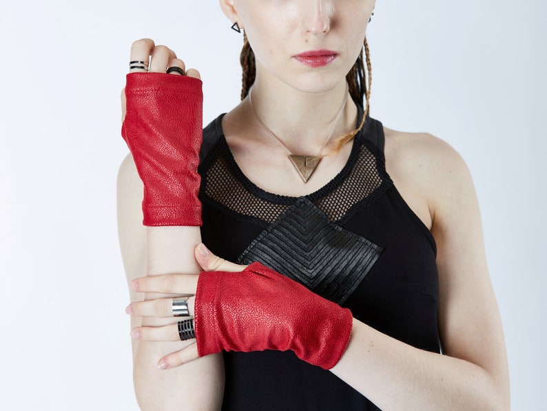 Red Leather Gloves Fingerless Arm Warmers WRP - Etsy