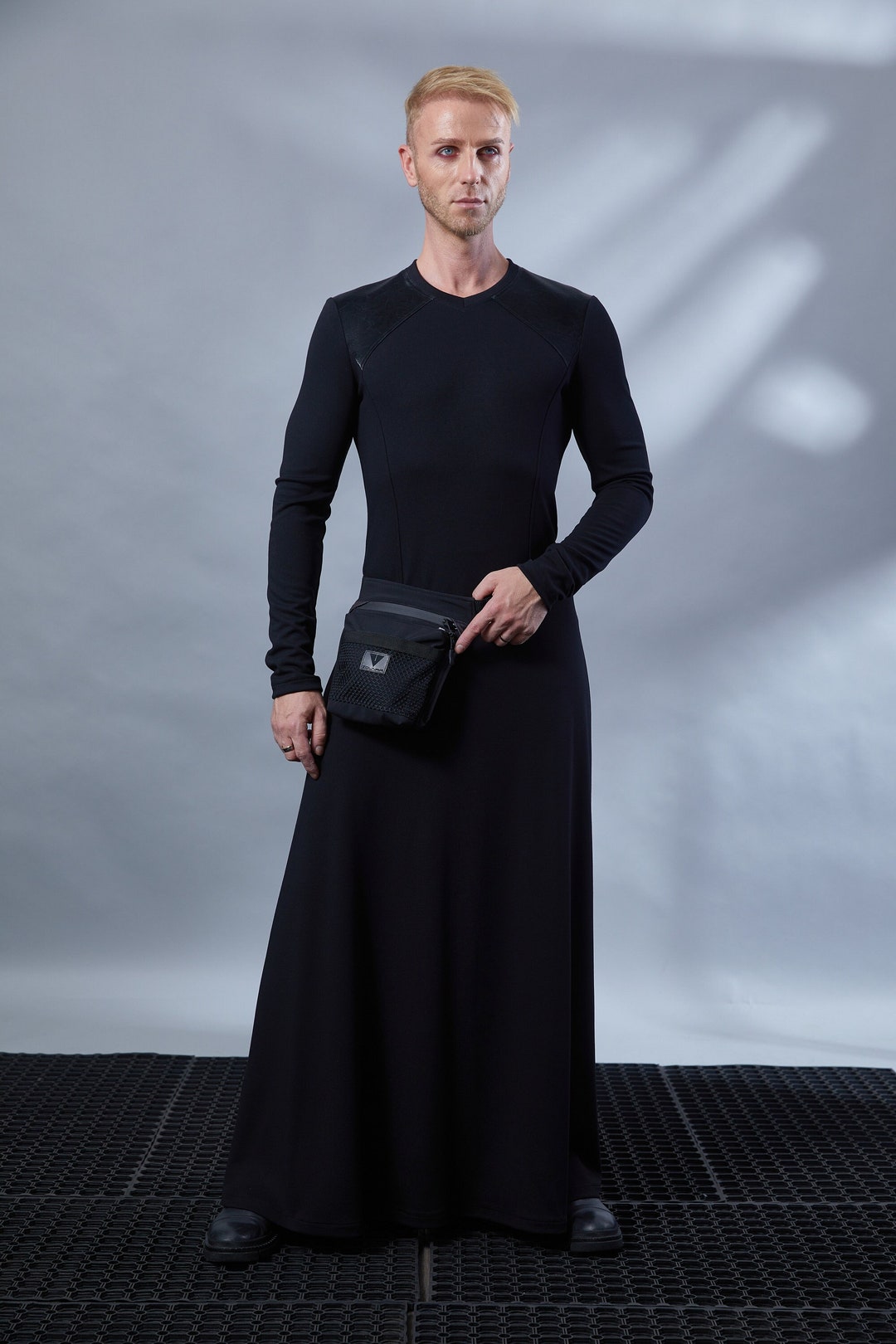 Black Viscose Dress With Faux Leather Yoke - Masculine Menswear - MD ...