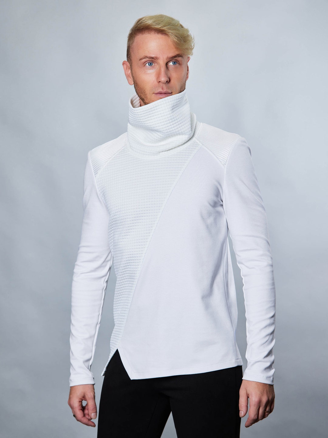 White Futuristic Sweater With High Collar Techwear Pullover - Etsy