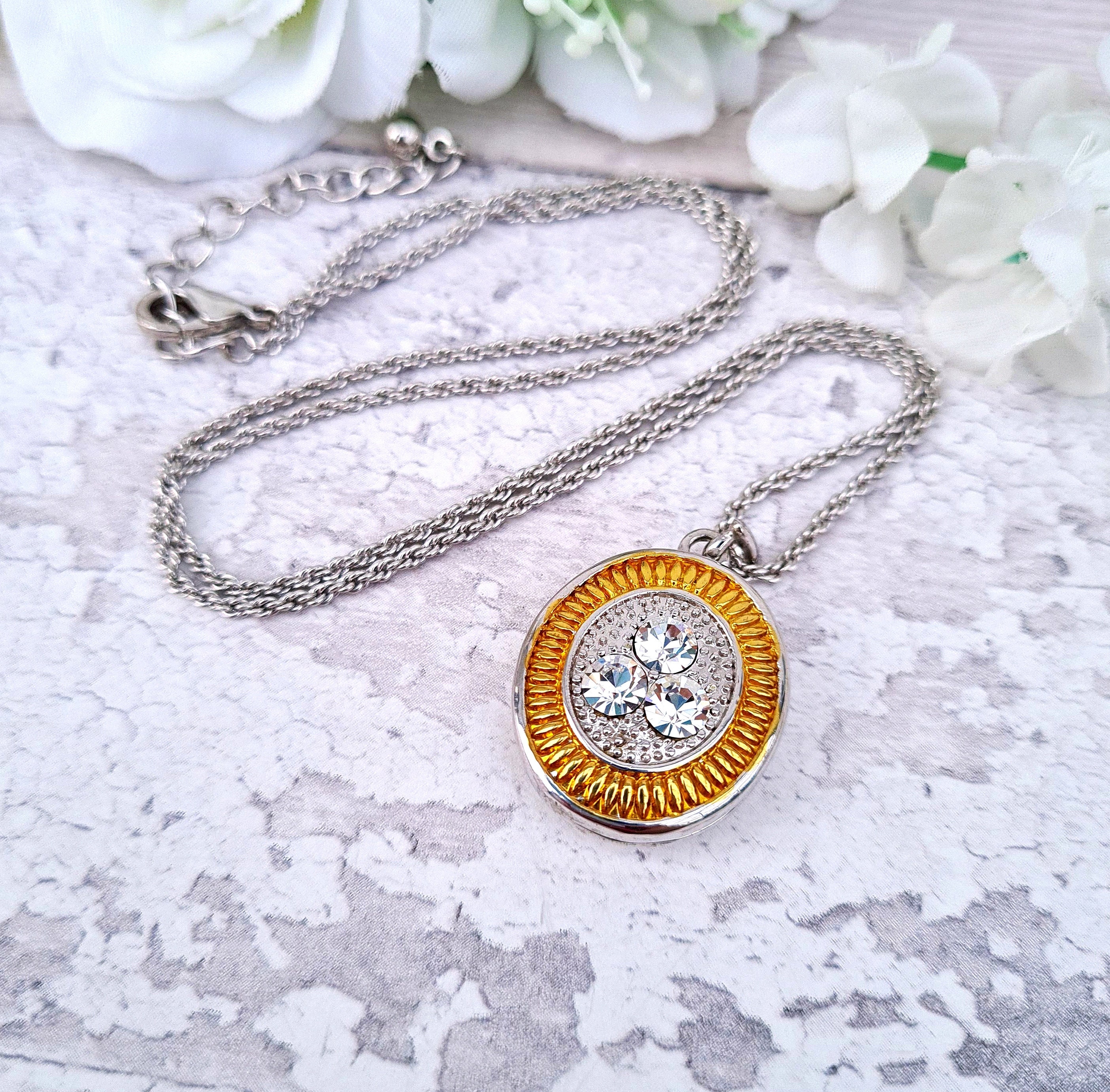 Vintage Silver Plated Chunky Gold Accented Crystal Oval Locket | Etsy