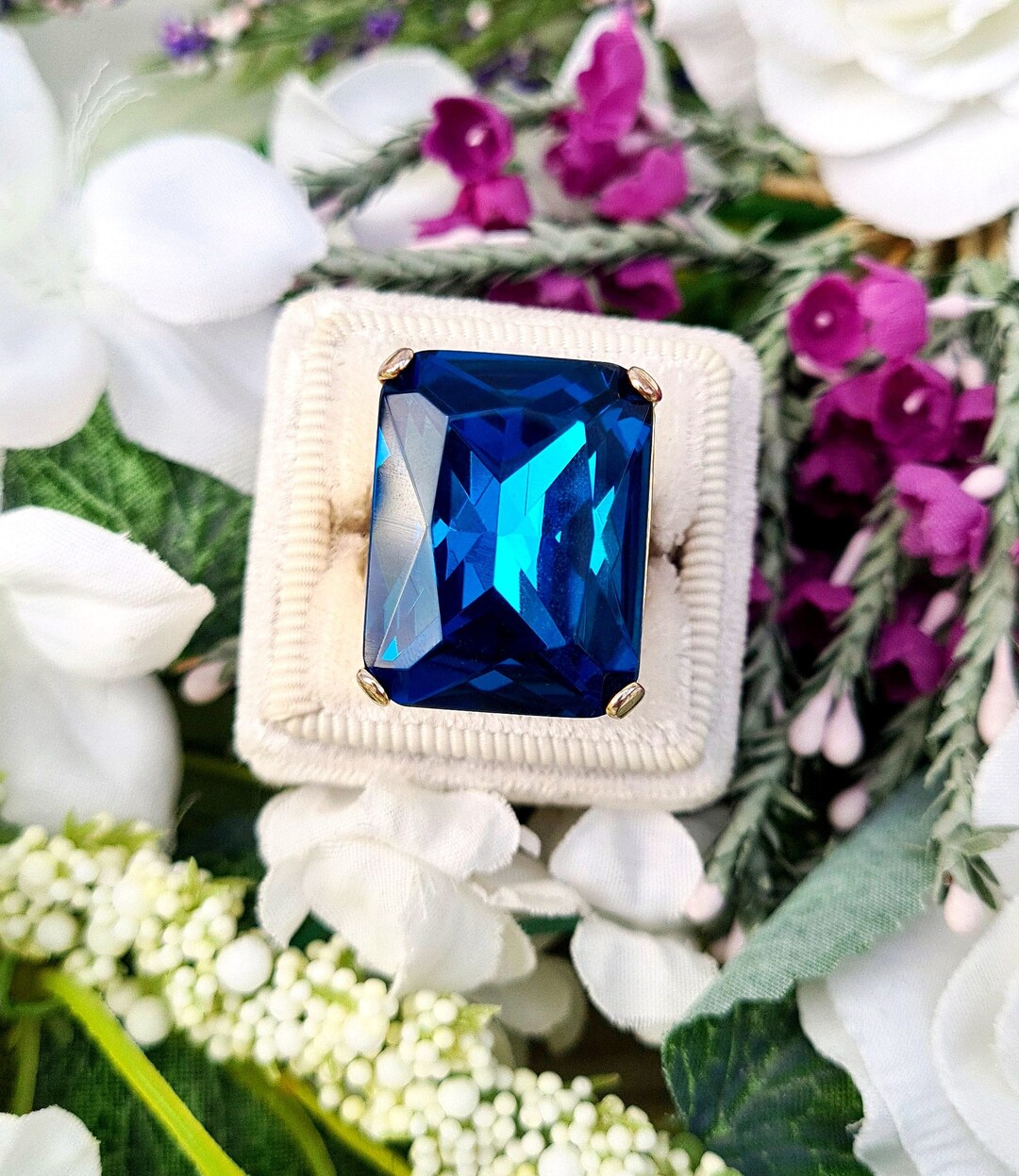 Vintage Gold Plated Retro Huge Blue Stone Solitaire Cocktail - Etsy