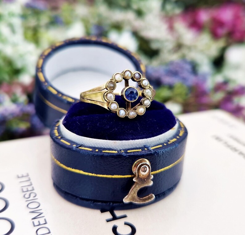 Antique Art Deco 15ct Gold Sapphire and Pearl Target Cluster Ring ...