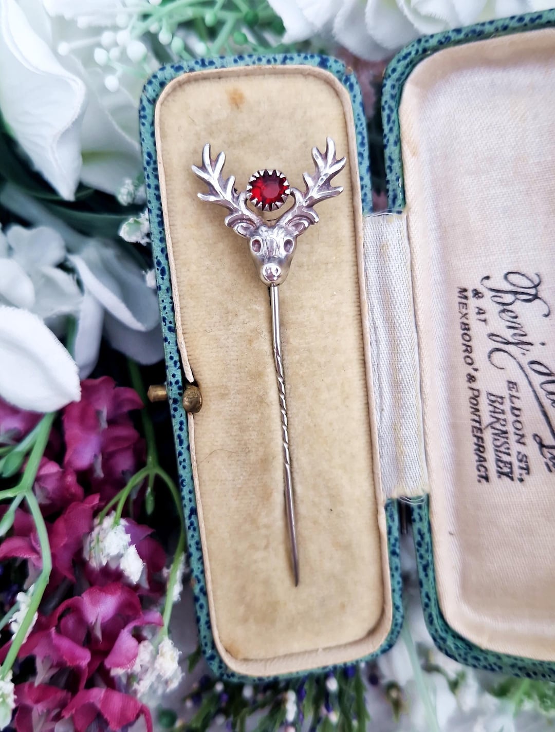 Antique Art Deco Sterling Silver Pink Glass Stags Head Stick Pin Brooch ...