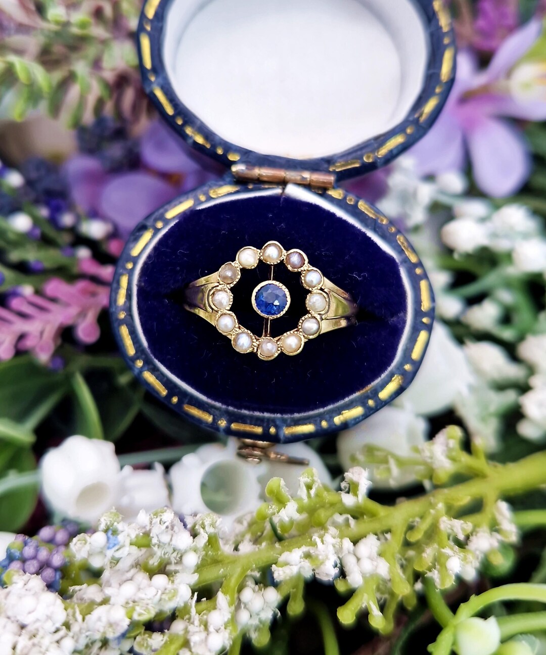 Antique Art Deco 15ct Gold Sapphire and Pearl Target Cluster Ring ...