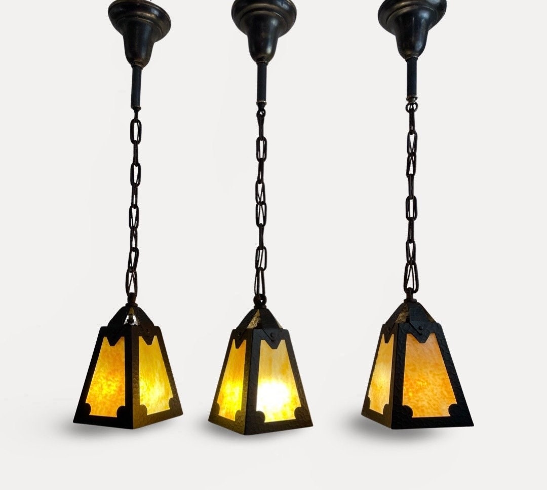 Antique C1915 Craftsman Hammered Wrought Iron Pendants Slag - Etsy