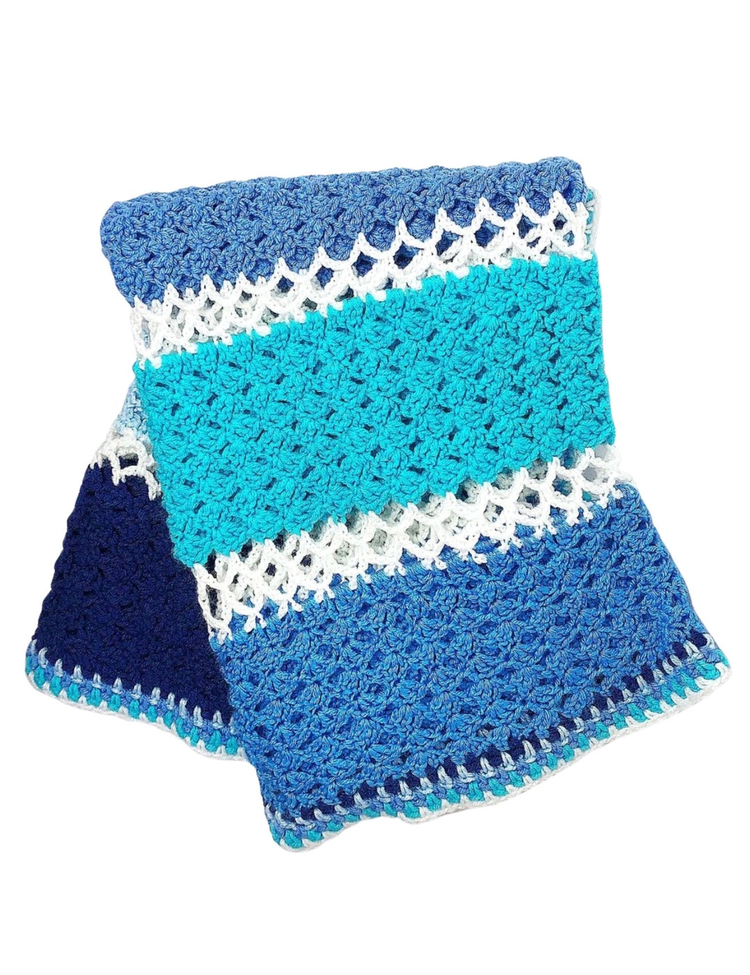 80s Chunky Blue Ombré Stripe Thick Crocheted Granny Blanket Throw 57x37 ...