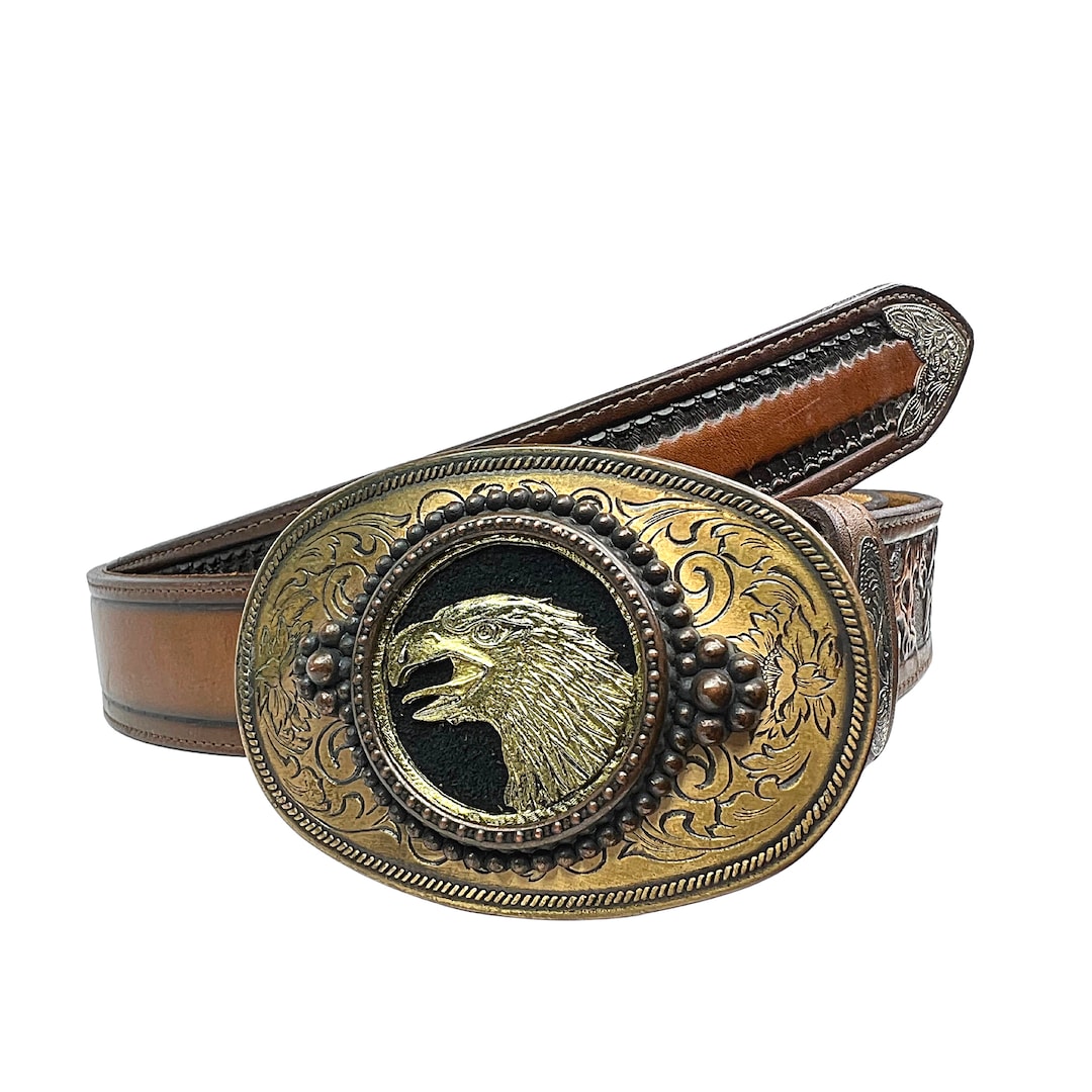 70’s Western Eagle Belt Buckle Tooled Leather Belt Size 54 - Etsy