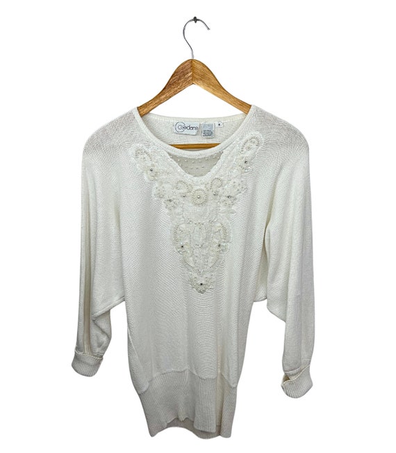 80s Lace Pearl Embellished Sequin Bib Sweater Size Sm… - Gem