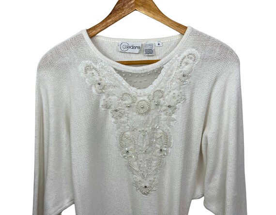 80s Lace Pearl Embellished Sequin Bib Sweater Size Sm… - Gem
