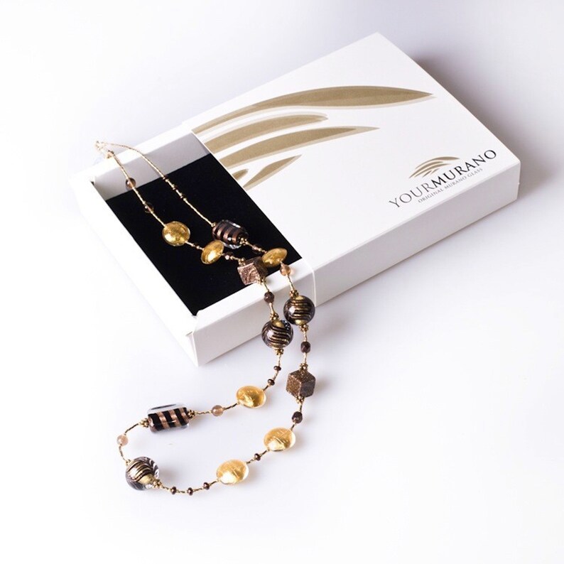 Handmade Murano Glass Necklace: Gold Leaf Brown Beads, Italian Design ...