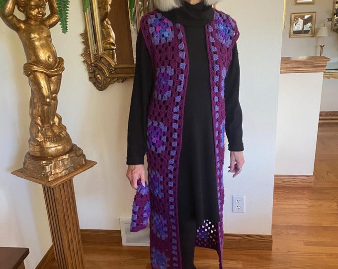 Hand Crocheted, Granny Square Long Duster in Purples W/hat, Size 8-12 ...