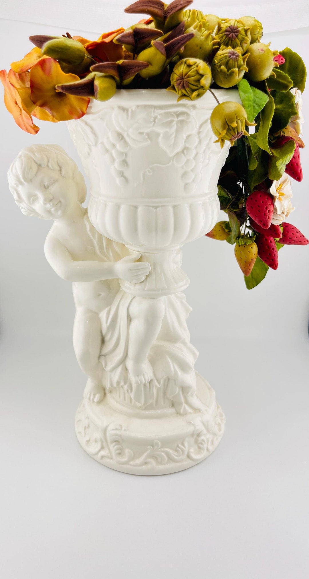 Vintage Cupid Vase/topiary With Beautiful Cascading Tropical Floral ...