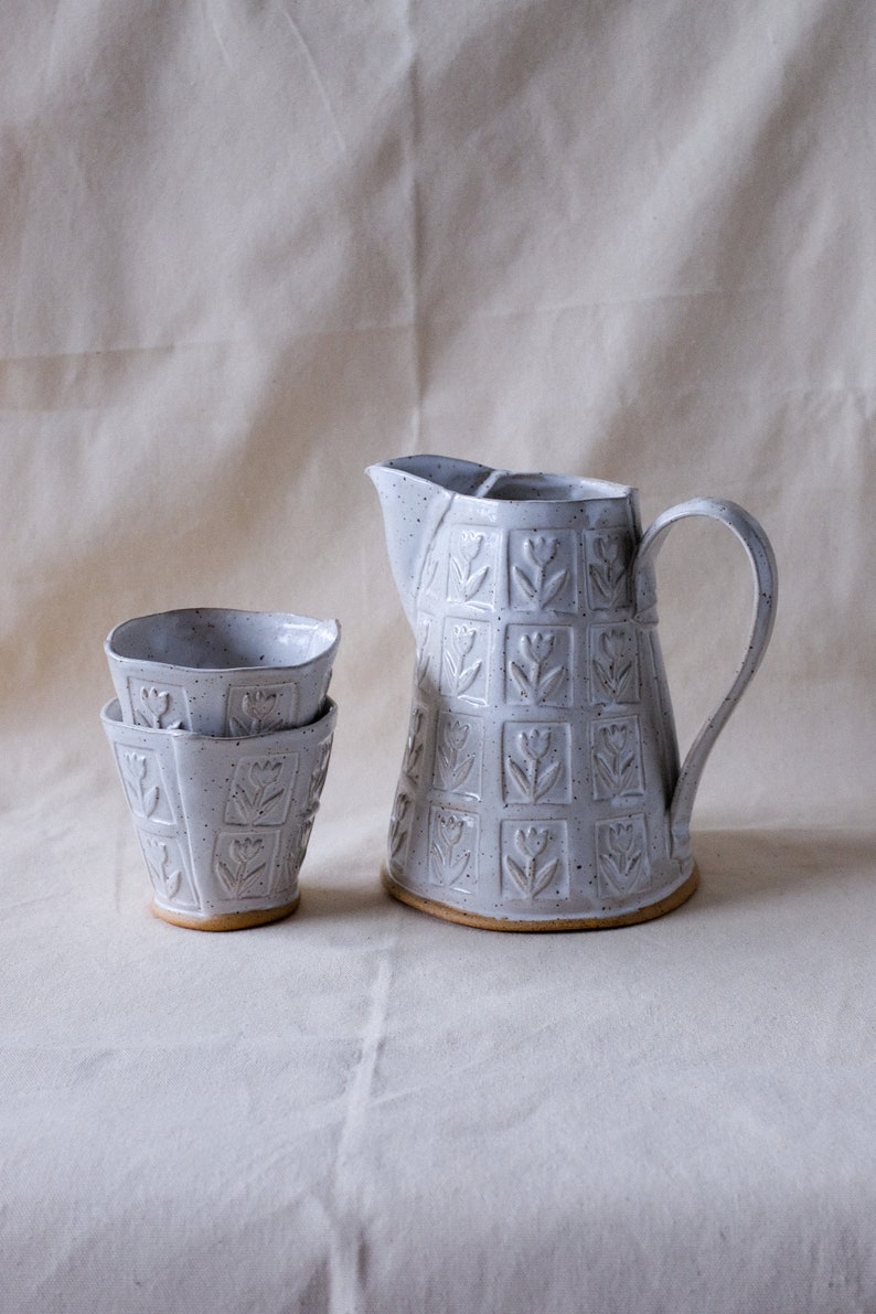 Handmade Ceramic Pitcher White Rustic Floral Pattern Jug - Etsy