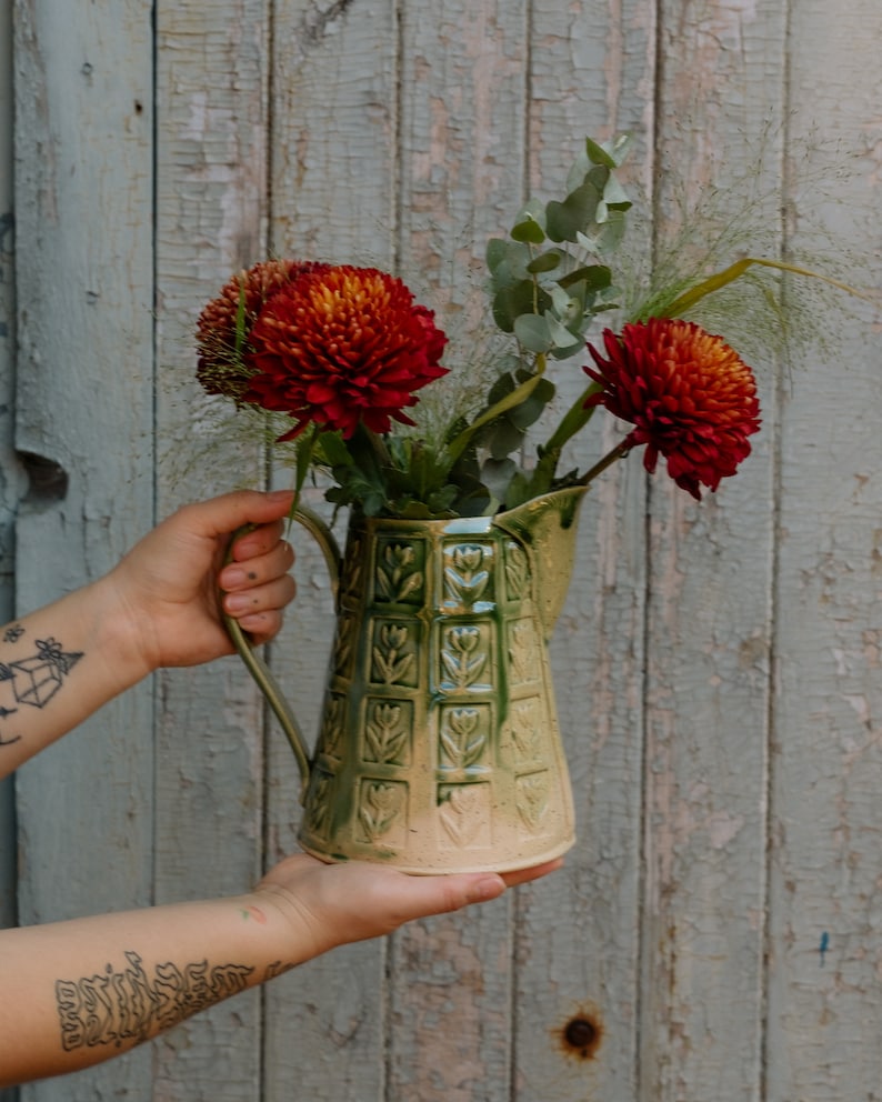 Handmade Ceramic Pitcher White Rustic Floral Pattern Jug - Etsy