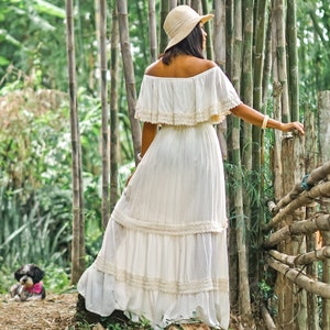 Off Shoulder Lace Ruffle Dress for Women, Long off White Flare Dress ...