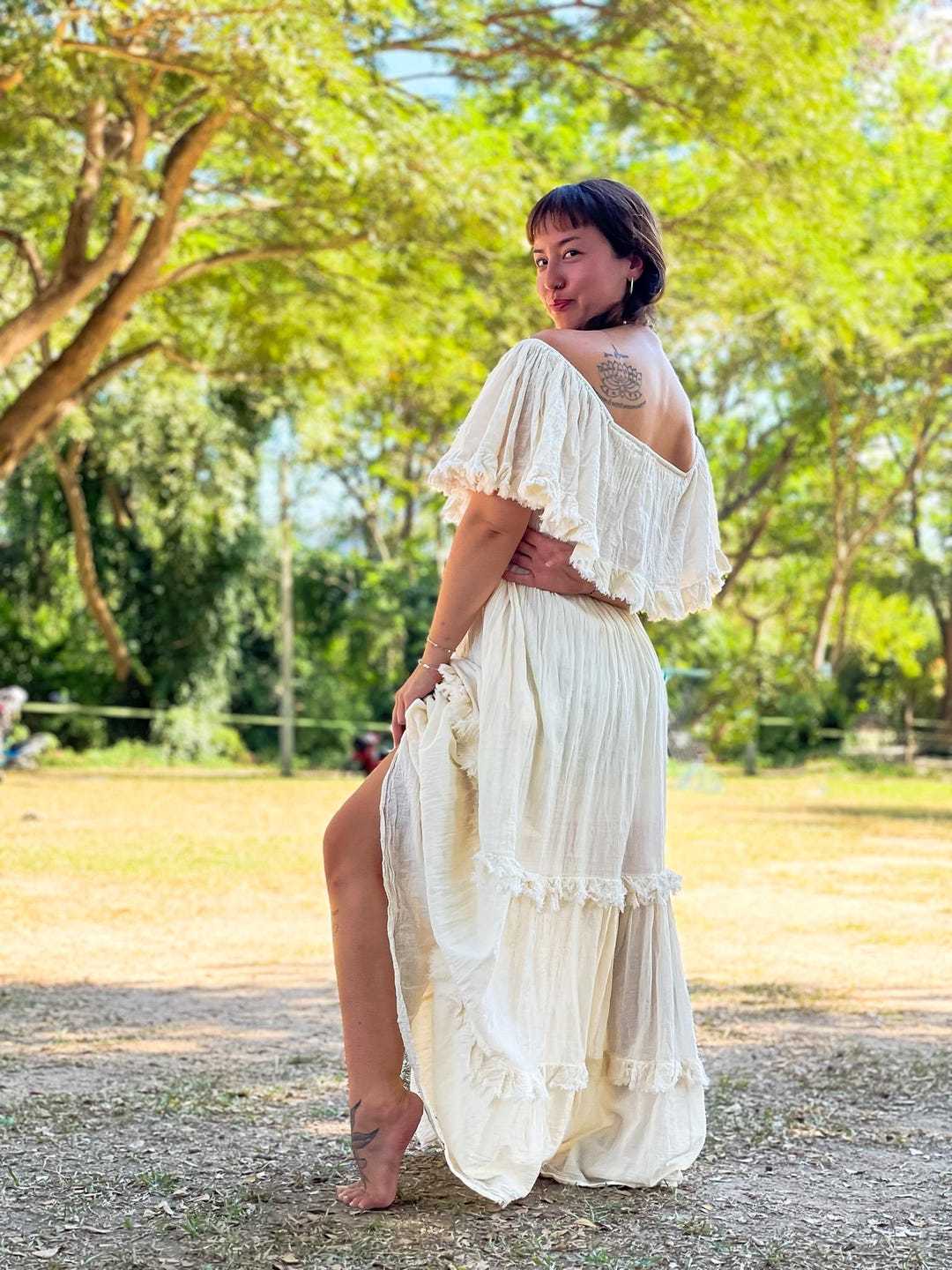 Boho Vacation Maxi Dress — Off-white Cotton Ruffle Dress, Flowy Summer ...