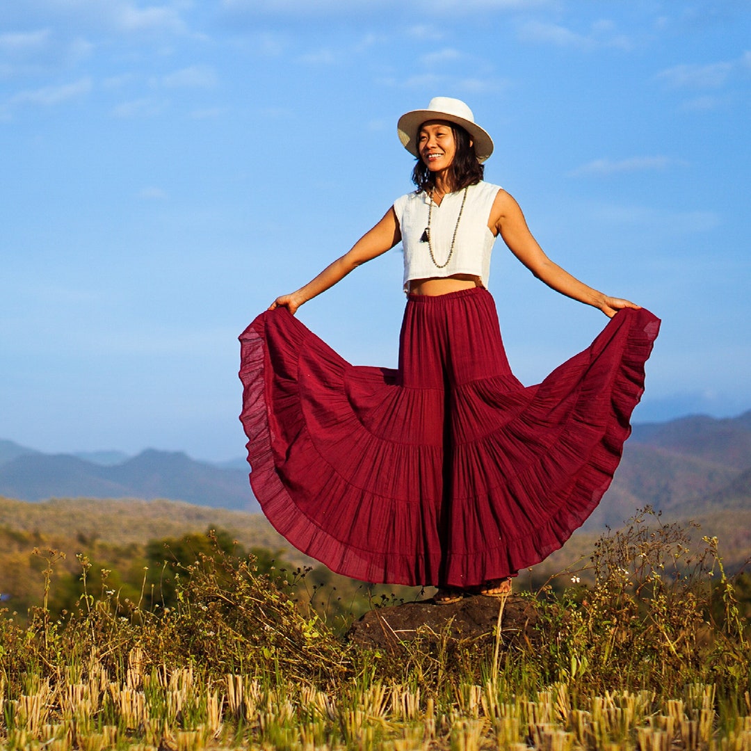 Palazzo Pants, Tiered Pants, Loose Cotton Pants, Purple Pants for Women ...