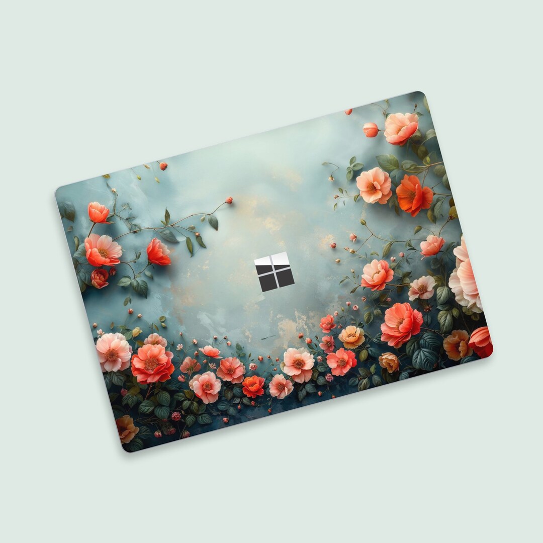 Soft Blue-green Floral Surface Laptop Protective Skin | Pink and Orange ...