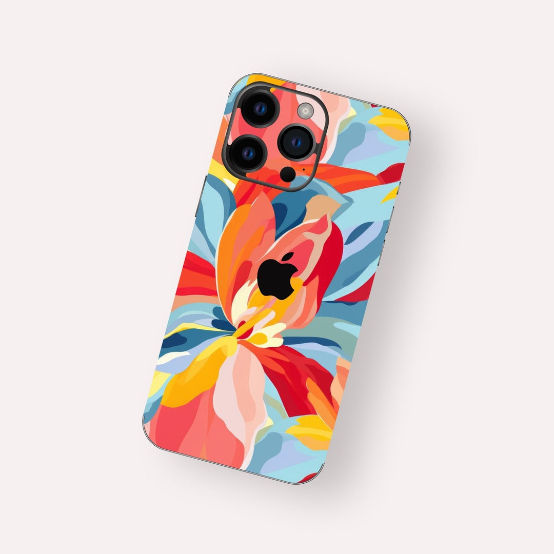 Blue Floral Bloom Ipone Skin, iPhone 15 Decal Hand-painted Sticker,3m ...