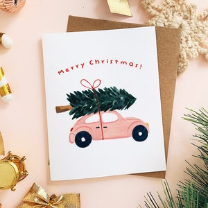 Printable Christmas Card, Tree on Pink Car, Print at Home Greeting ...