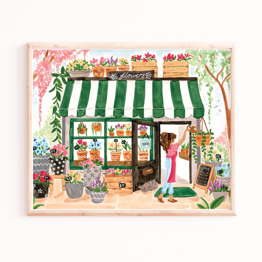 Flower Shop Print, Floral Wall Art, Sweet Little Store Painting ...